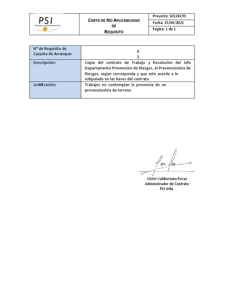 Prevencionista - Carta No Aplicabilidad | PDF Prevencionista - Carta No Aplicabilidad | PDF