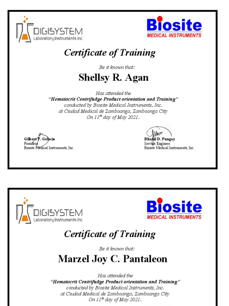 TRAINING CERTIFICATE (Hematocrit) | PDF | Business