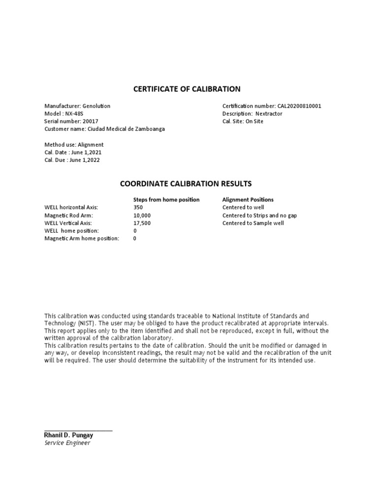Certificate of Calibration Genolution | PDF