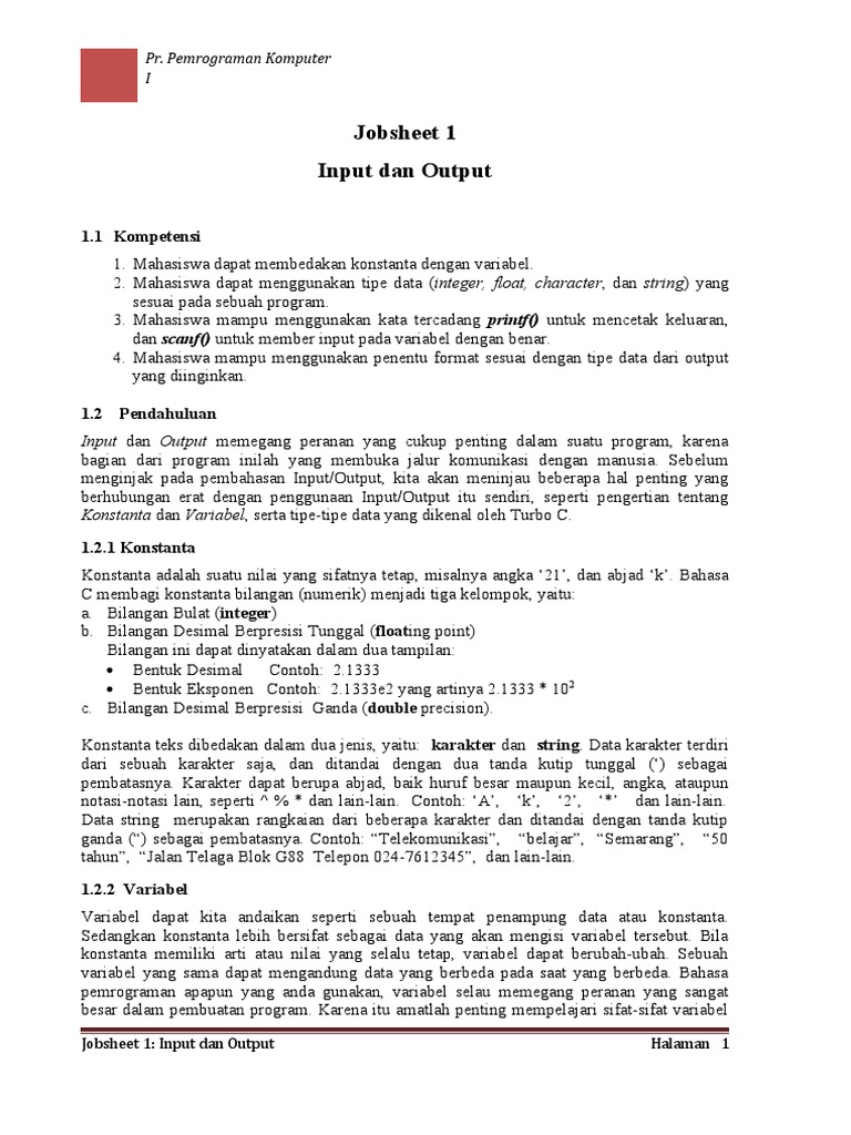 Jobsheet: Input & Output Turbo C | PDF