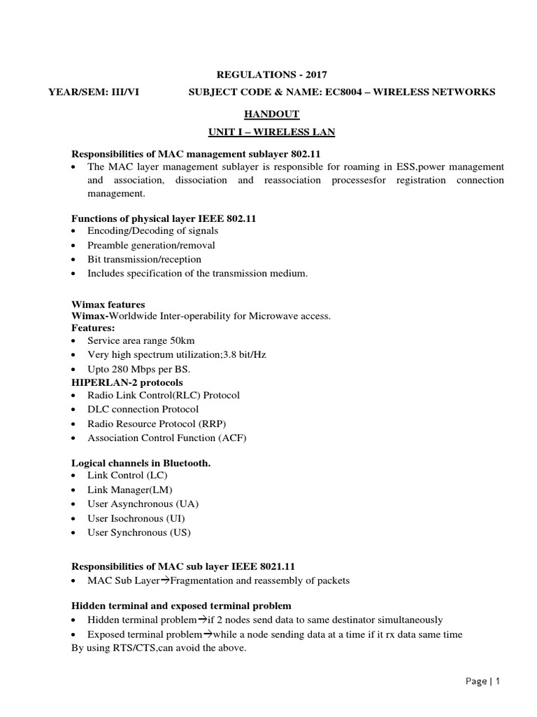 Ec8004-Wireless Networks - Handouts | PDF | Transmission Control Protocol | Network Congestion