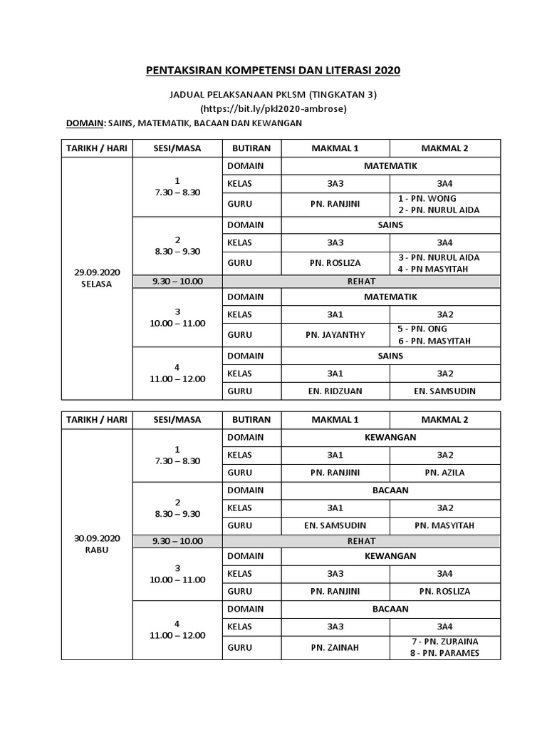 Jadual Pentaksiran Kompetensi Dan Literasi 2020 | PDF