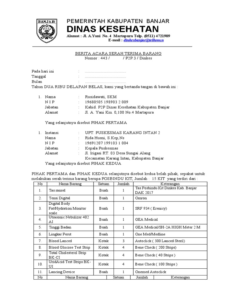BERITA ACARA SERAH TERIMA Posbindu Kit DAK THN ANGGARAN 2017 | PDF