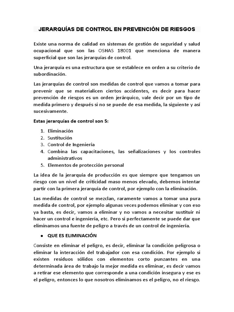 Jerarquías de control en prevención de riesgos: una guía sobre las ...