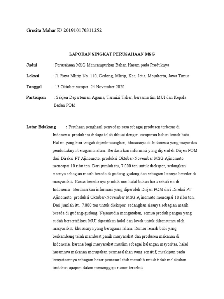 Gresita Mahar K 2019-252 LAPORAN SINGKAT PERUSAHAAN MSG | PDF