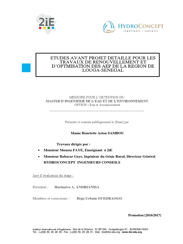 Etudes Avant Projet Detaille Pour Les Travaux de Renouvellement Et D Optmisation Des Aep de La ...