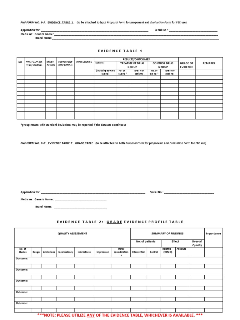 PNF Form No. 9 - Evidence Table | PDF | Medical Treatments | Health Care