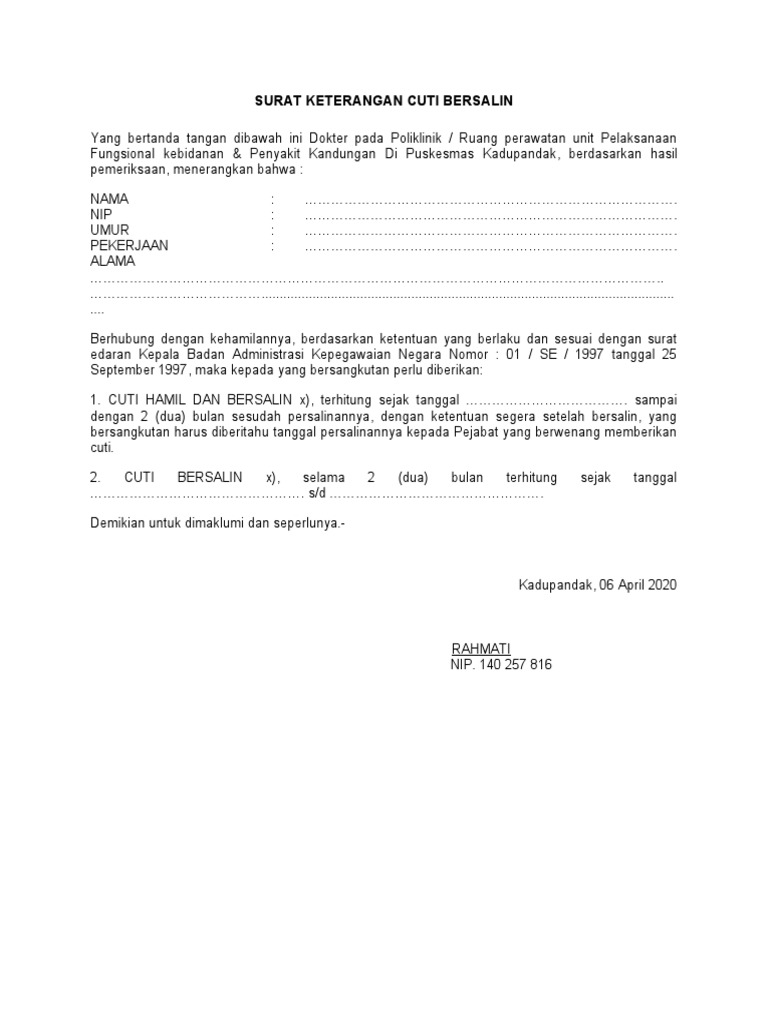 Surat Keterangan Cuti Bersalin | PDF