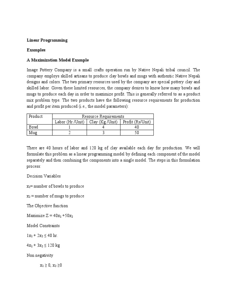 Linear Programming Examples A Maximization Model Example Pdf Mathematical Optimization