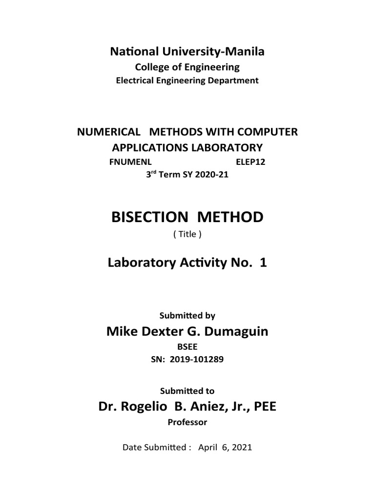 Dumaguin Lab Activity 1 Bisection Method | PDF | Teaching Mathematics | Mathematical Analysis