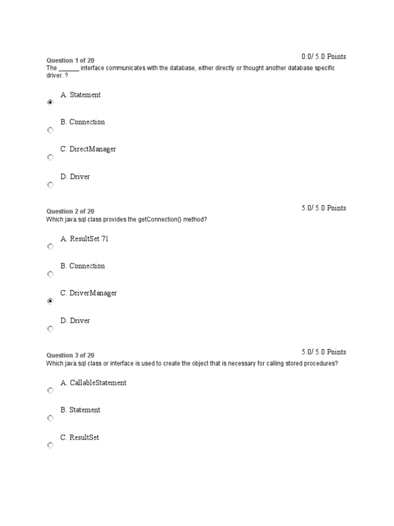 JDBC Test Quiz FPT | PDF | Database Transaction | Databases