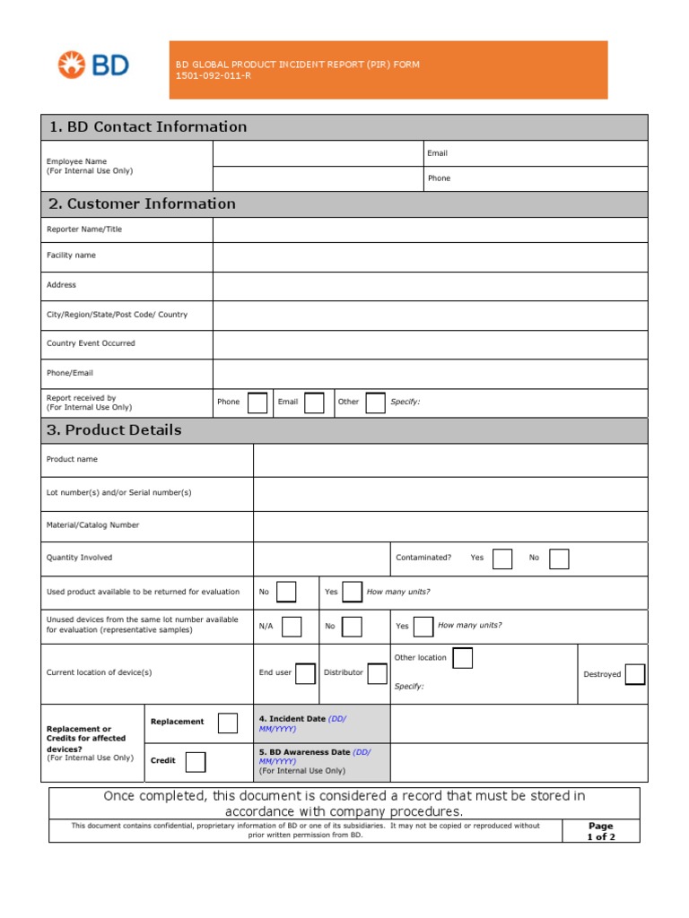 BD Contact Information: BD Global Product Incident Report (Pir) Form ...