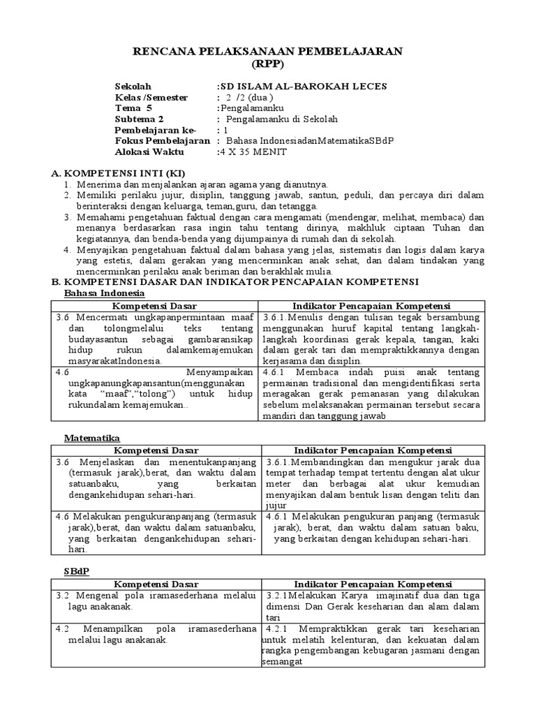 RPP Tema 5 Sub Tema 2 | PDF