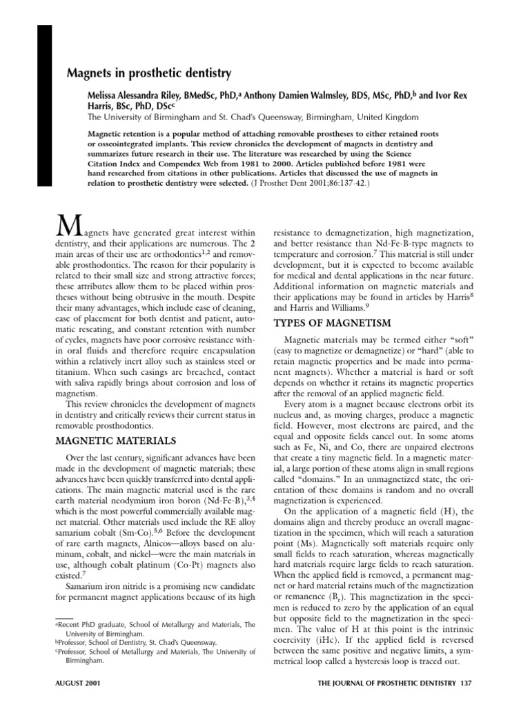 Magnets in Prosthetic Dentistry | PDF | Dental Implant | Dentures