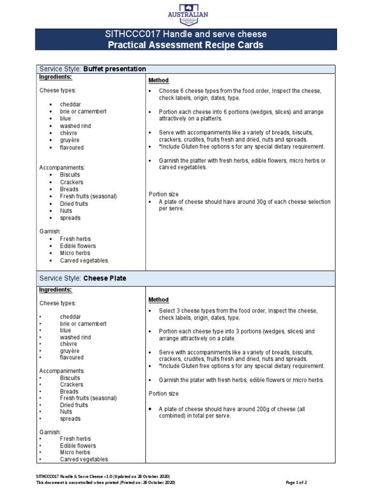 SITHCCC017 Practical Assessment Recipe Cards | PDF | Cheese | Breads