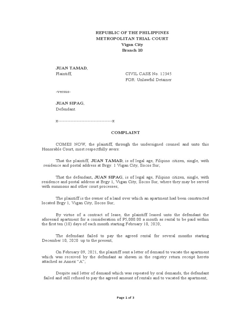1 Complaint For Unlawful Detainer | PDF | Lawsuit | Complaint