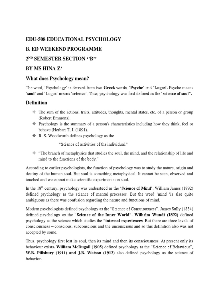 Definitions of Educational Psychology | PDF | Educational Psychology | Mind