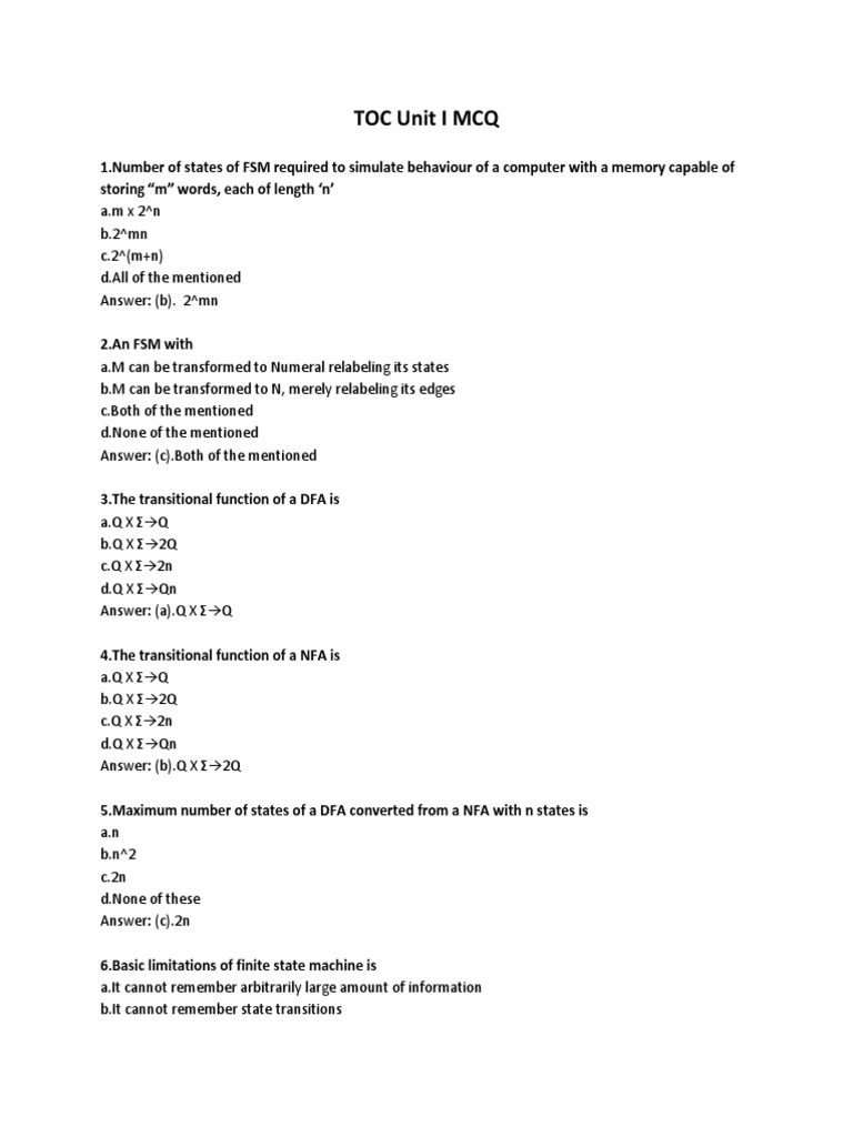 Toc Unit I Mcq Pdf String Computer Science Theory Of Computation