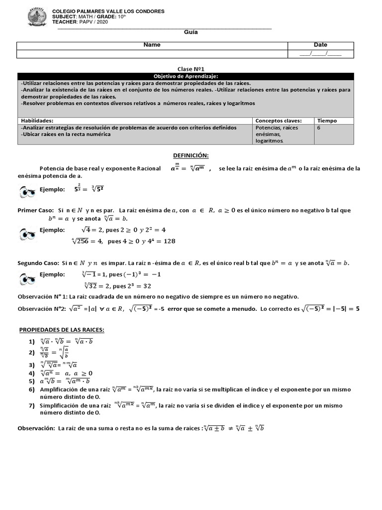 2-Med-Guía 2 Medio Raices y Logaritmos MATEMATICA | PDF | Raíz cuadrada | Exponenciación