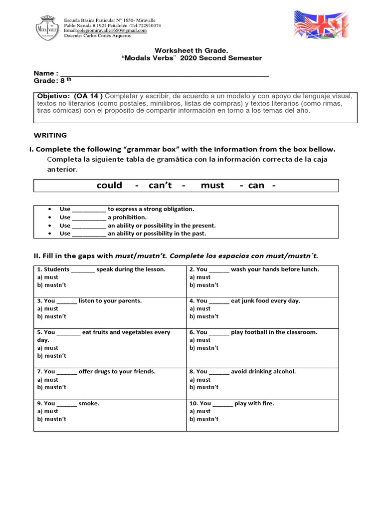 8th Grade Modals Verbs Worksheet | PDF
