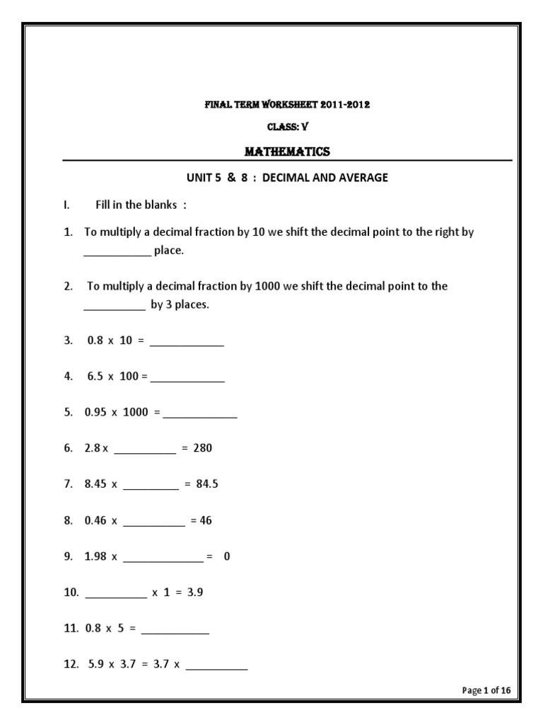Class 5 Decimals and Average Worksheet | PDF | Decimal | Division ...