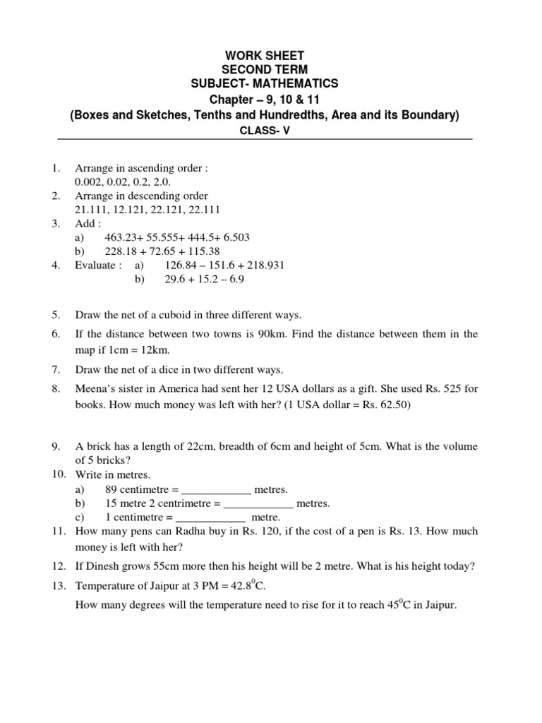CBSE Class 5 Mathematics Worksheet - Tenths and Hundredths | PDF ...
