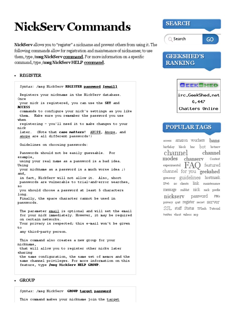 NickServ Commands GeekShed IRC | PDF | Internet Relay Chat | Internet Protocol Based Network ...
