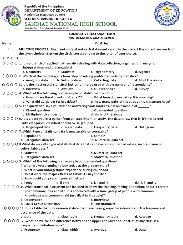 Q4 Summative Test Final | PDF | Mean | Mode (Statistics)