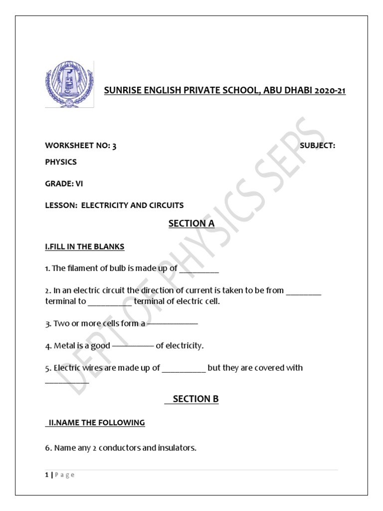 Grade 6 Electricity and Circuits Worksheet | PDF