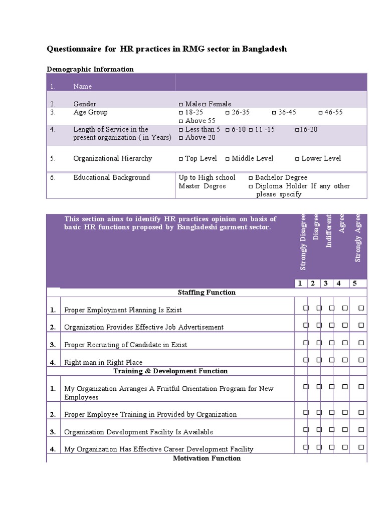 Questionnaire For HR Practices in RMG Sector in Bangladesh | PDF ...