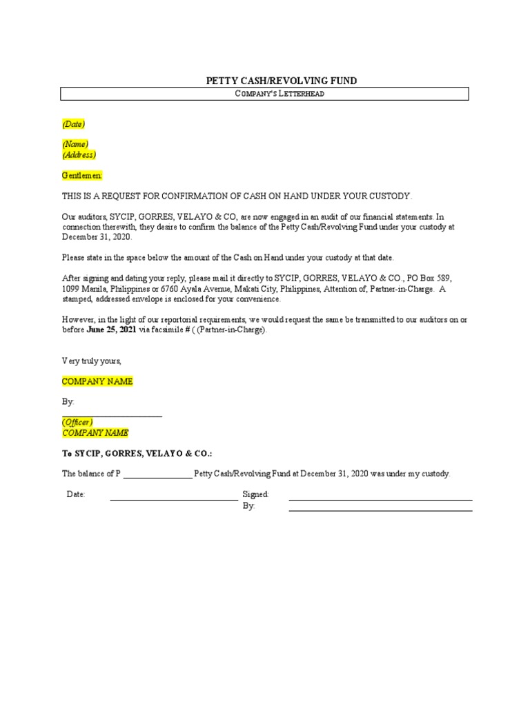 Petty Cash Confirmation Request Letter | PDF