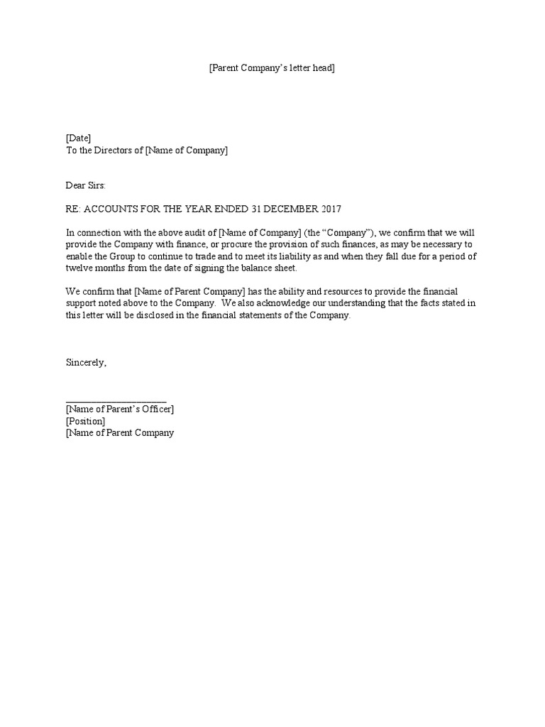 Letter Confirming Parent Company's Commitment to Financially Support ...