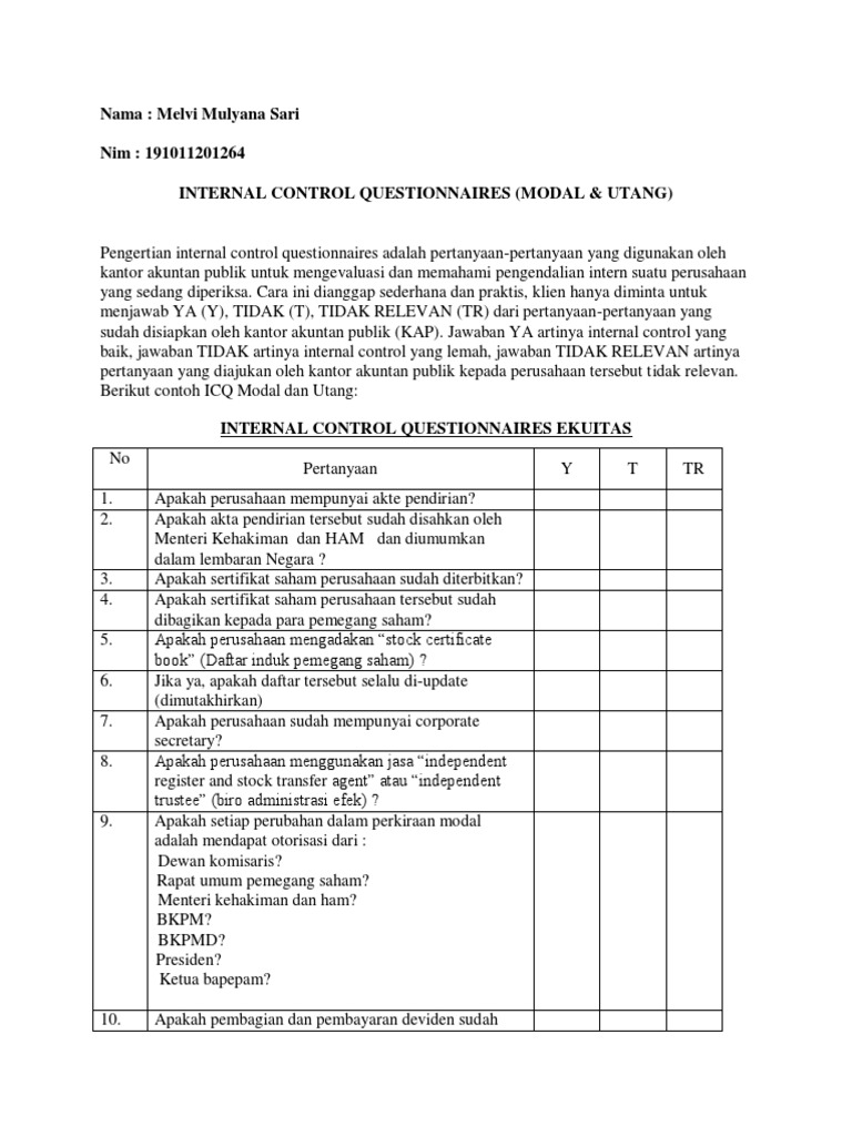 Nama: Melvi Mulyana Sari Nim: 191011201264 Internal Control Questionnaires (Modal & Utang) | PDF