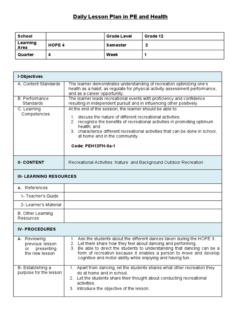 Daily Lesson Plan in PE and Health: School Grade Level Grade 12 ...