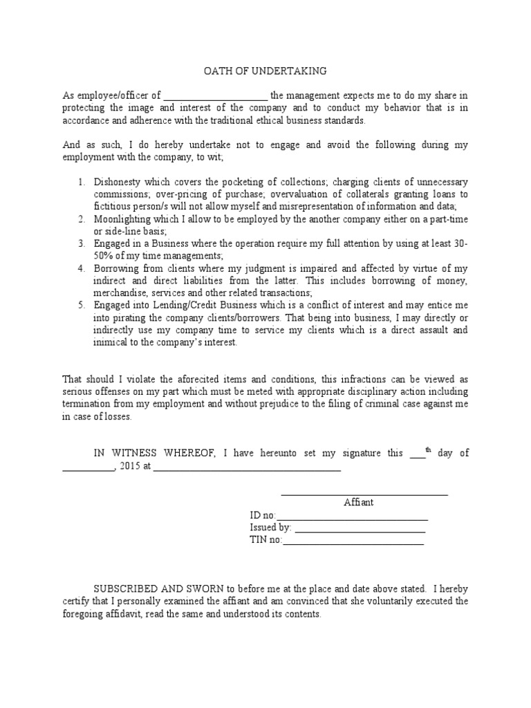 Employee Oath of Undertaking Sample | PDF | Affidavit | Loans