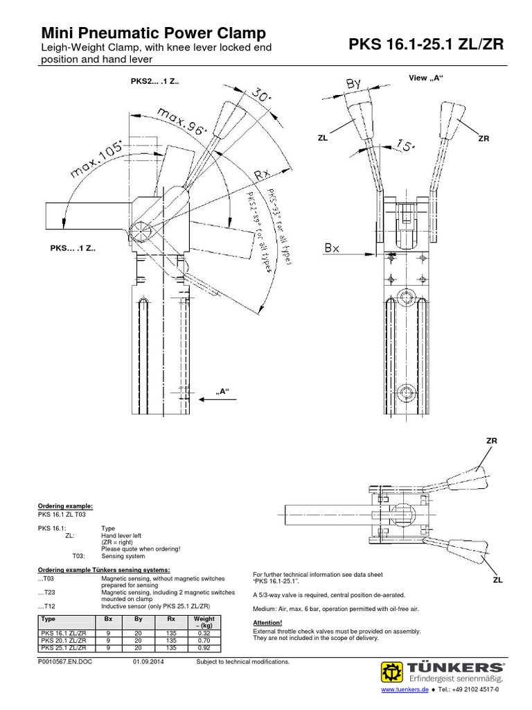 Mini Pneumatic Power Clamp PKS 16.1-25.1 ZL/ZR: Leigh-Weight Clamp, With Knee Lever Locked End ...