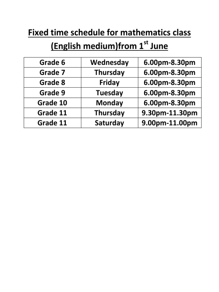 Fixed Time Schedule For Mathematics Class | PDF