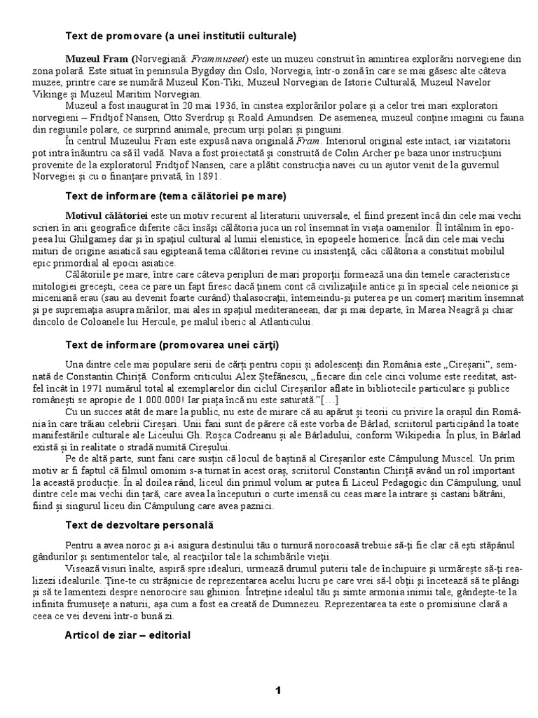 TEXTE NONLITERARE - Exemple | PDF