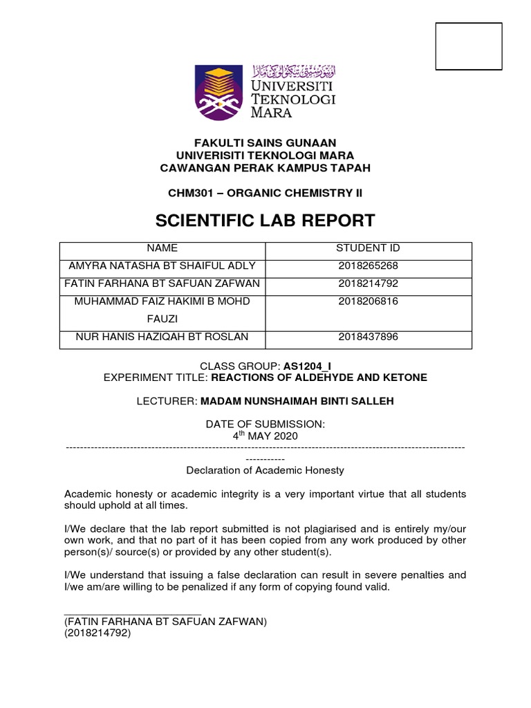 Chm301 Lab Report Reaction of Aldehyde A | PDF | Aldehyde | Ketone