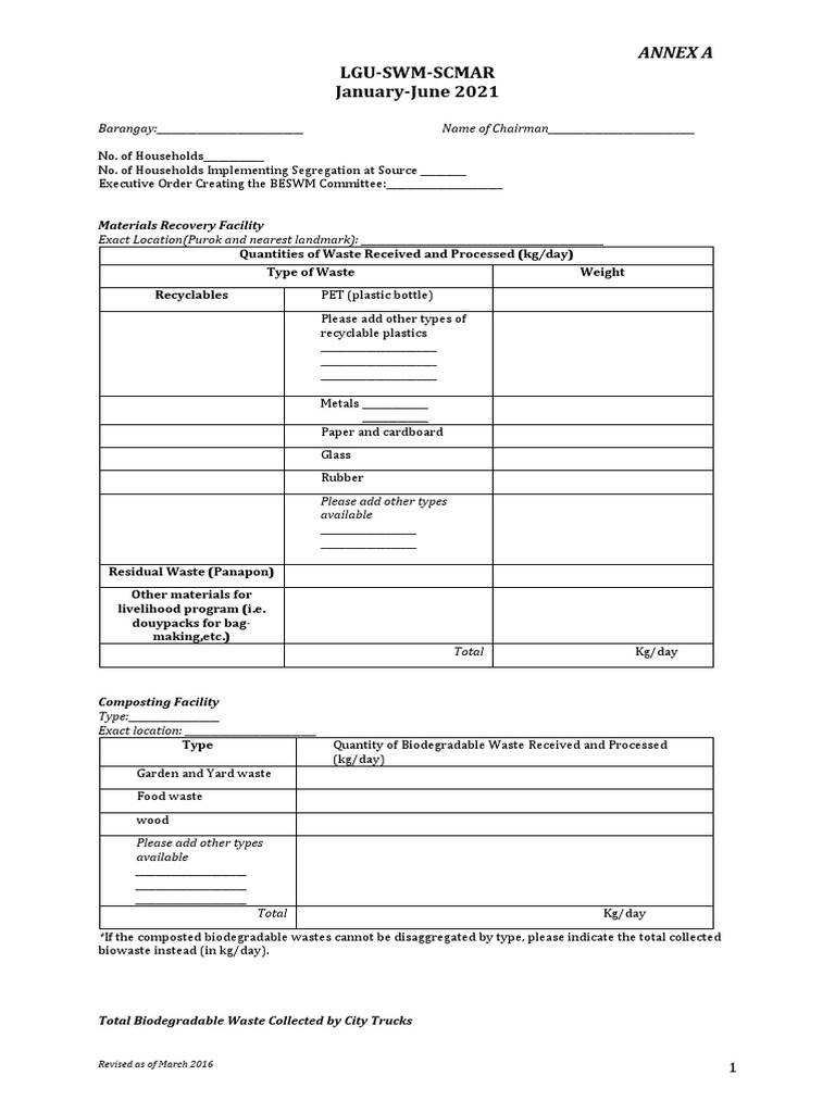 Lgu-Swm-Scmar January-June 2021: Annex A | PDF | Biodegradation | Recycling