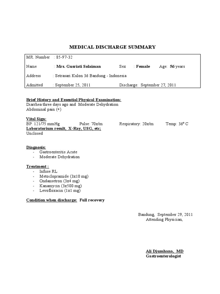 Medical Discharge Summary: Gastroenteritis | PDF