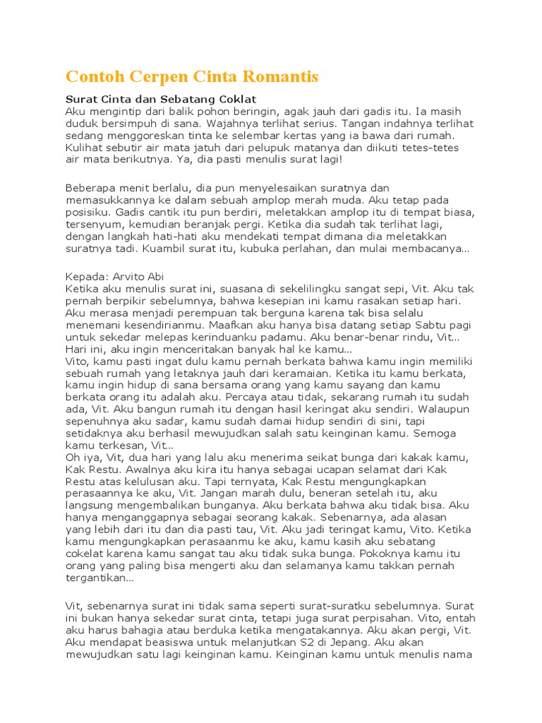 Contoh Cerpen Cinta Romantis | PDF | Griya & Taman | Seni