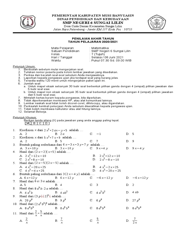 Soal Pas MTK Kelas Vii Semester 2 TH 2020-2021 | PDF