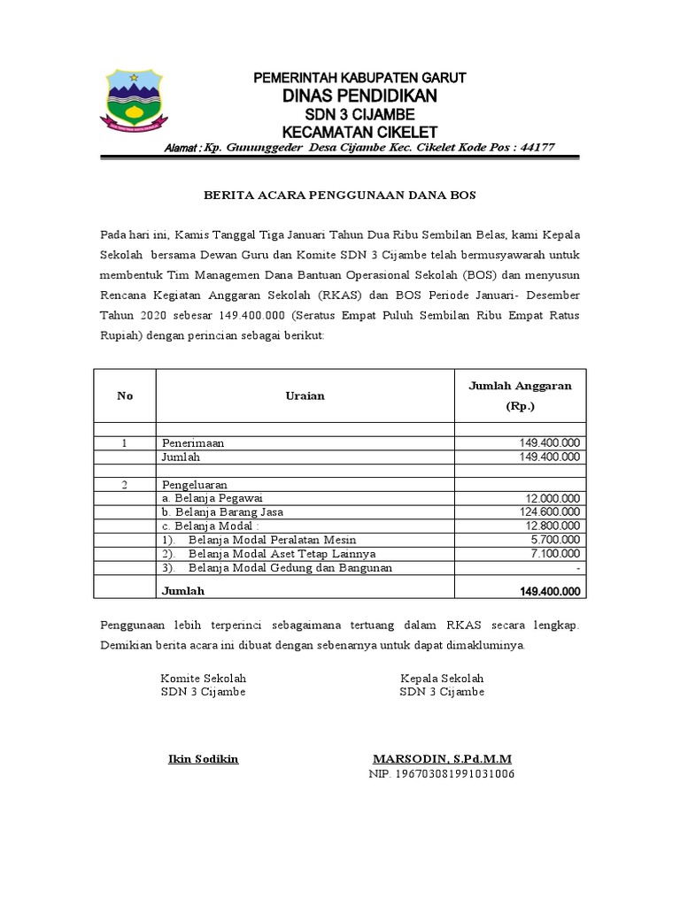 Contoh Berita Acara Penggunaan Dana BOS Reguler Terbaru | PDF