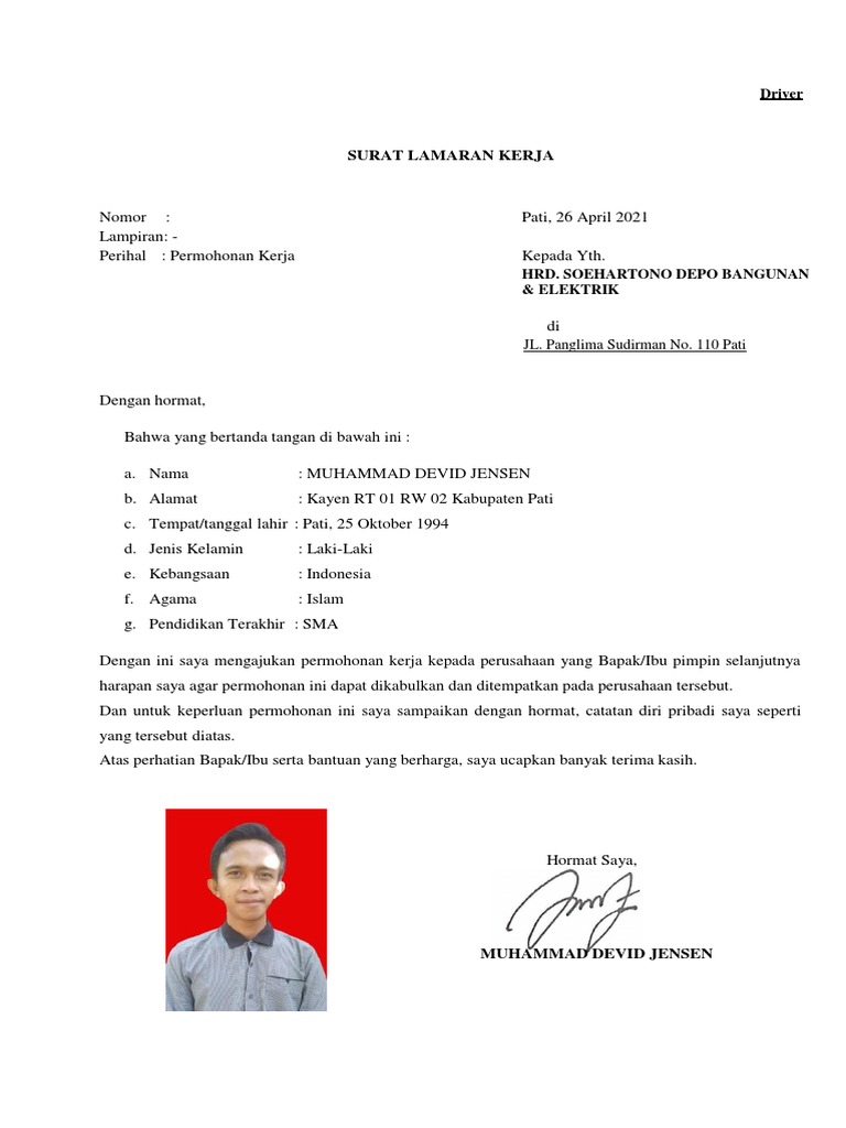Surat Lamaran Kerja: Driver | PDF