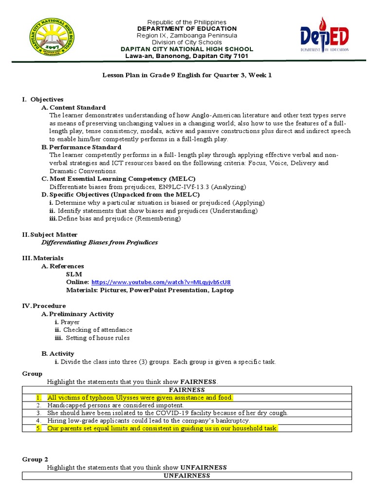Lesson Plan in Grade 9 English For Quarter 3 | PDF | Prejudices | Bias
