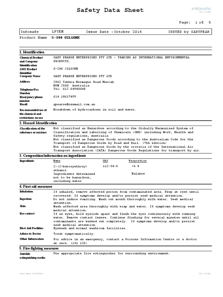 Safety Data Sheet: 5 of Infosafe Lpyem October 2014 Issued by Garypear ...