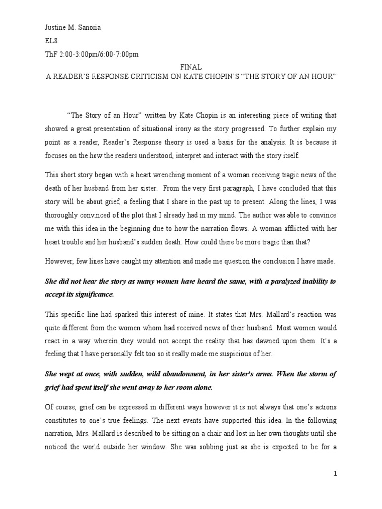 Reader's Response Criticism On Kate Chopin | PDF