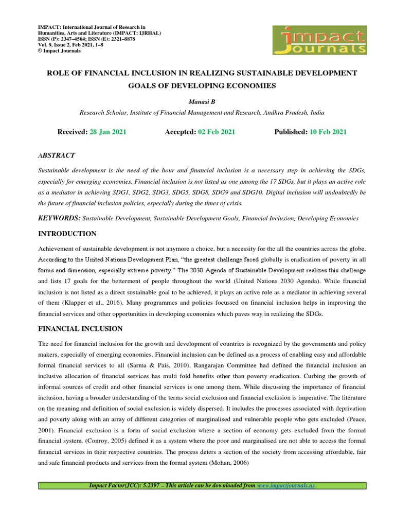 Role Of Financial Inclusion In Realizing Sustainable Development Goals