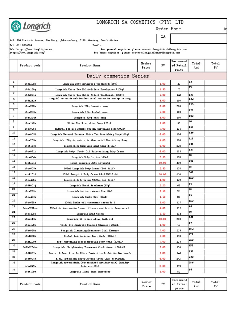 Longrich Sa Cosmetics (Pty) LTD: Order Form | PDF | Shampoo | Toiletry
